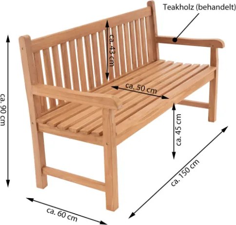 Teaková zahradní lavice 150 cm pro 3 osoby, ošetřený teak
