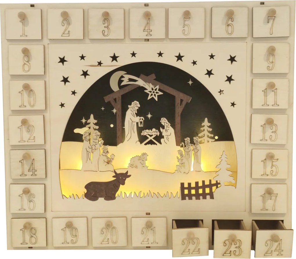 LED adventní kalendář, betlém a hvězdy, dřevěný, 39 × 33,5 × 7 cm, na 2× AA