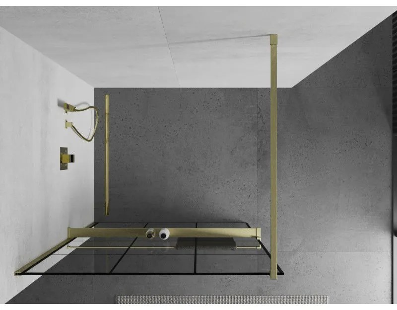 Mexen Kioto+, sprchová zástěna Walk-In s poličkou a věšákem 110 x 200 cm, 8mm čiré sklo černý vzor, zlatý matný profil, 800-110-121-55-77