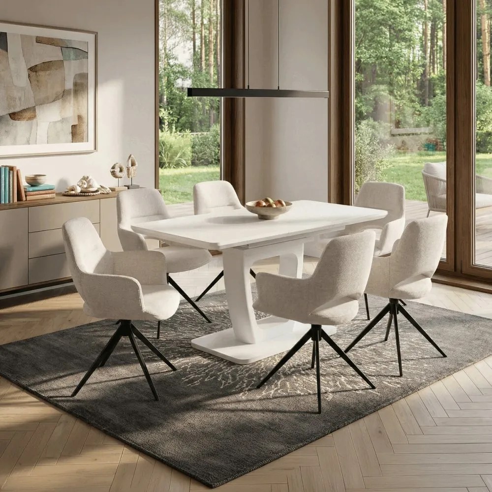 Jídelní stůl 110+40x75 cm, bílá skleněná deska, MDF bílý matný lak Matný