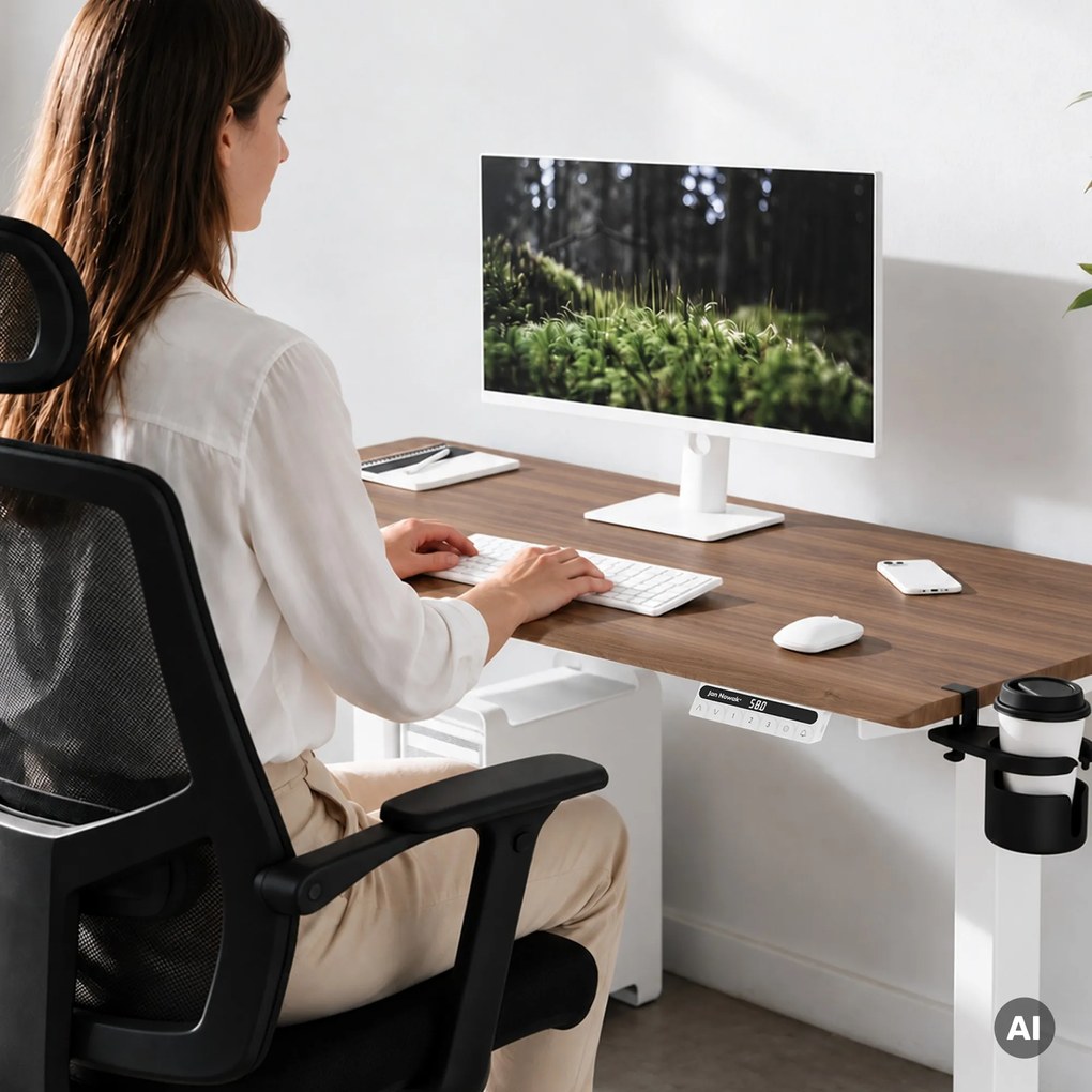 Elektrický stůl s nastavitelnou výškou ergonomický bílý/ořech,1400x700 mm: ARIA