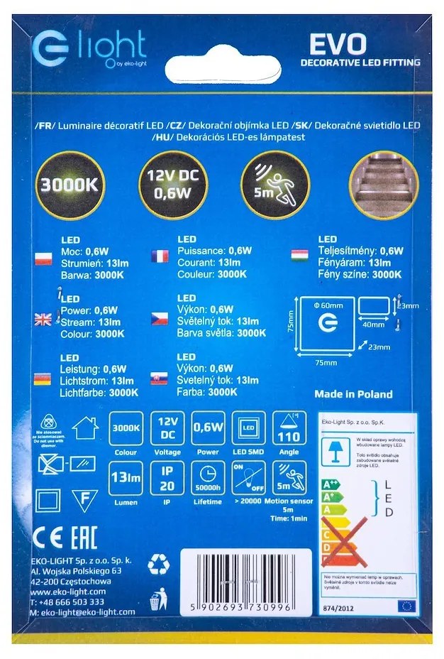 Schodišťové LED svítidlo Evo, 1x LED 0,6w, 3000k, s