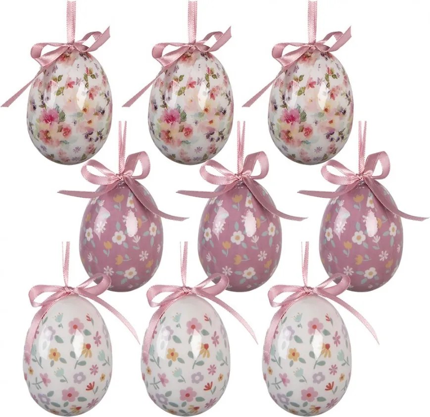 9ks dekorace bílo-růžové závěsné vajíčko s květy Spring Egg - Ø 5*8 cm