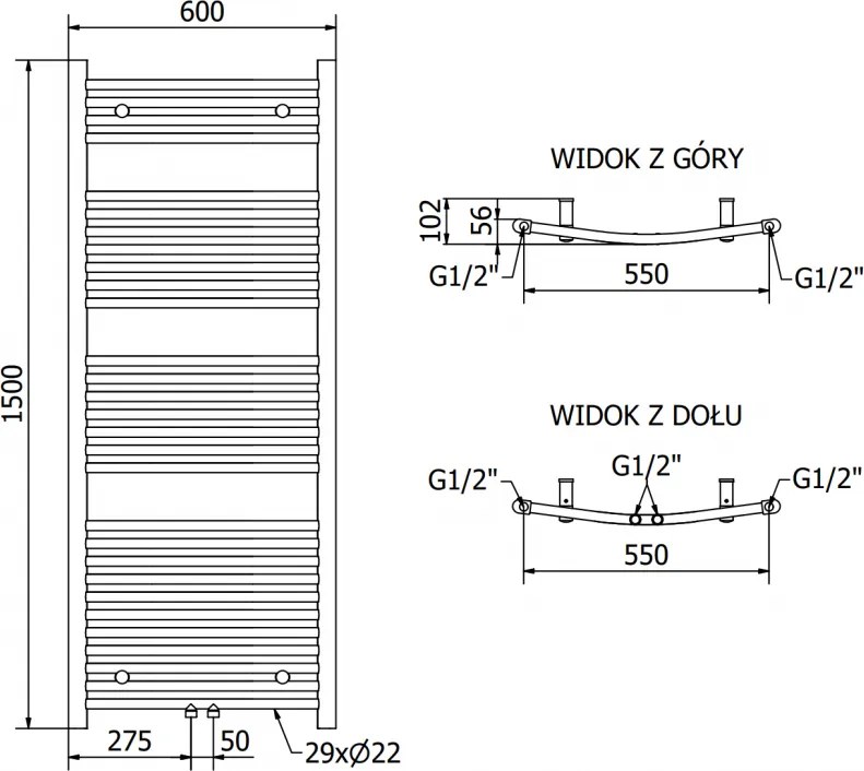 Mexen Ares, elektrické topné těleso 1500x600 mm + topná tyč 600 W, chromová, W102-1500-600-2600-01