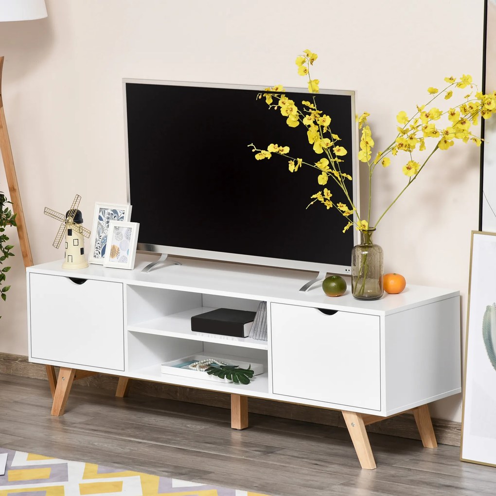 HOMCOM Moderní TV Stolek pro Televize do 65 palců s 2 Dveřmi, 2 Otevřenými Policemi a Dřevěnými Nohami 150x39x50 cm Bílý