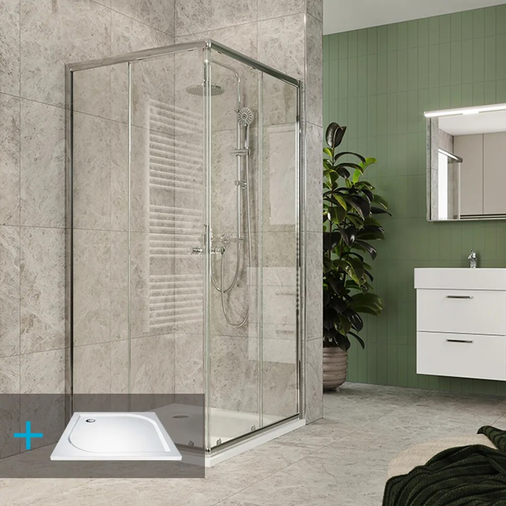 Mereo Mereo, Kora Lite sprchový set: sprchový kout 90x90x185cm, chrom ALU, sklo čiré, 90 cm, vanička, sifon, CK34123ZM