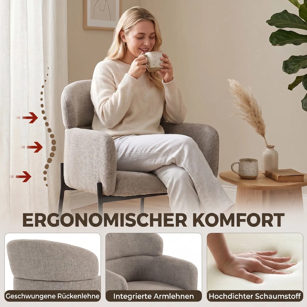 HOMCOM Chenille dekorativní křeslo – moderní čalouněné ergonomické křeslo s kovovými nohami, světle hnědé