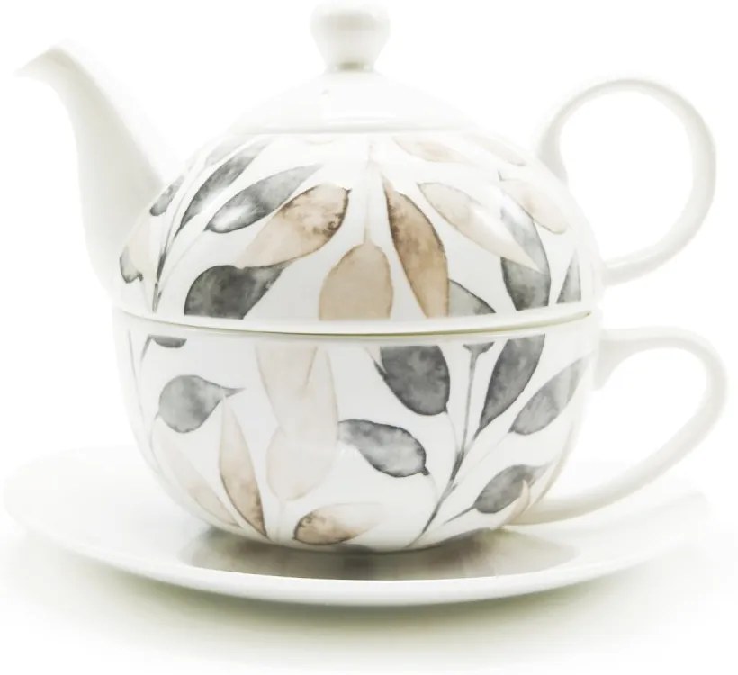 Porcelánová čajová souprava pro jednoho Scandic Leaves – konvička 0,45 l + šálek a podšálek, s motivem listí v přírodních tónech