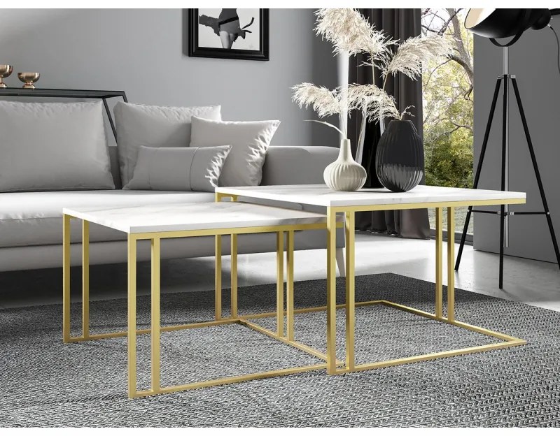 Set 2 konferenčních stolků Froyw Gold, Barva: zlatá / bílý mramor
