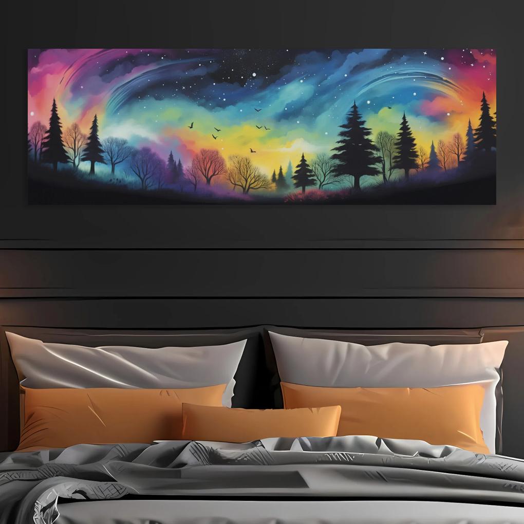 Obraz na plátně - Temný smíšený les a magická noční obloha FeelHappy.cz Velikost obrazu: 240 x 80 cm