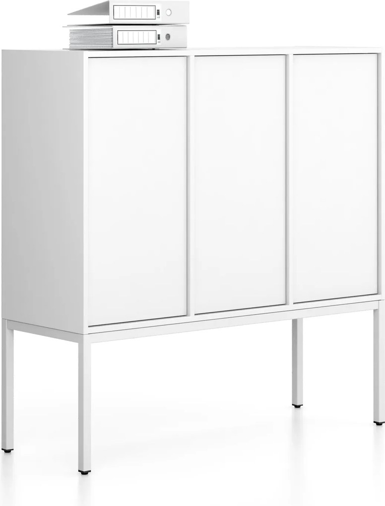 Kancelářská skříň FRAME, nízká, bílá podnož, 3x dveře, 1299 x 450 x 1331 mm, PUSH-lock, bílá