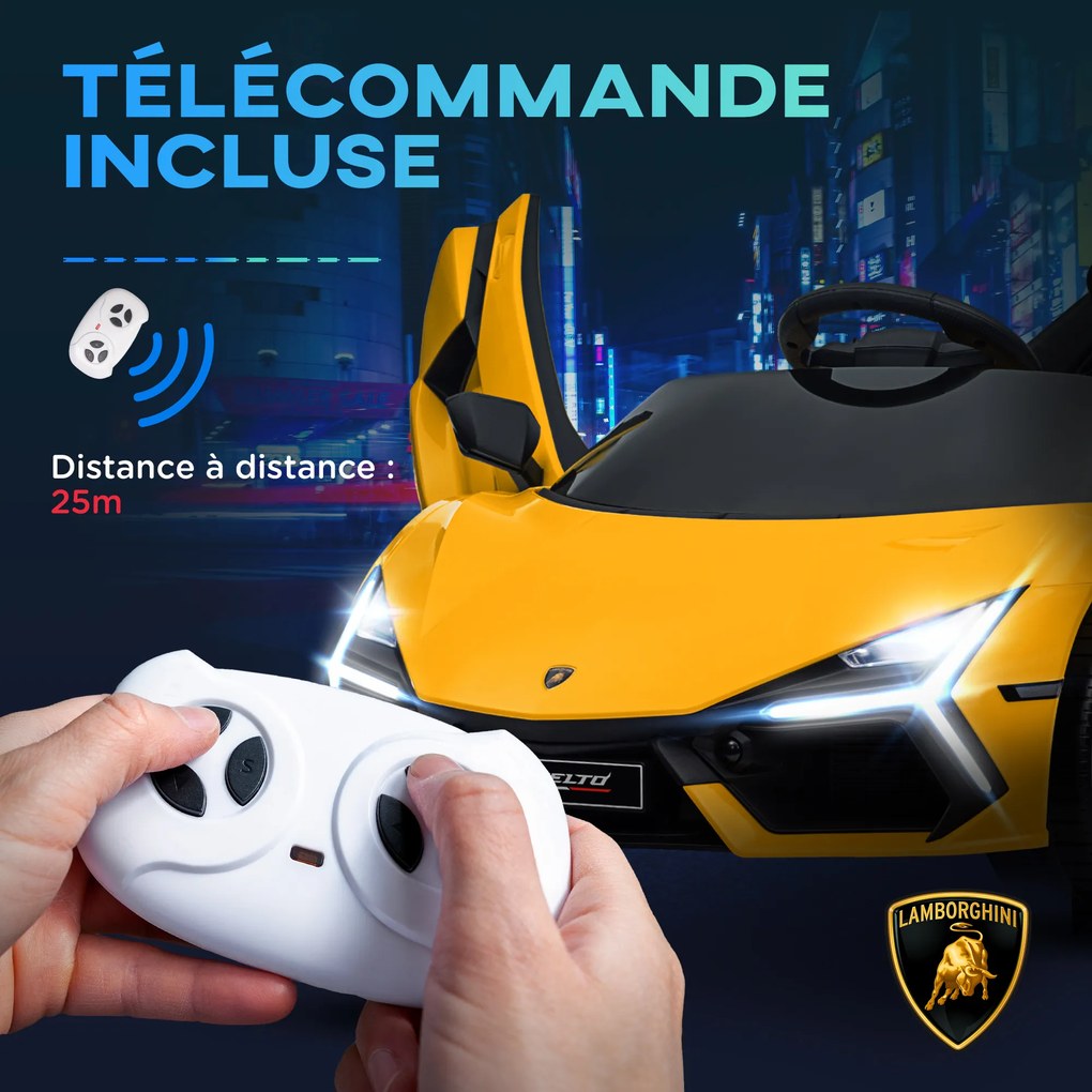 AIYAPLAY elektrické auto 12V licencovaný Lamborghini Revue, dálkové ovládání, rychlost 3-5 km/h, 3-5 let, žluté