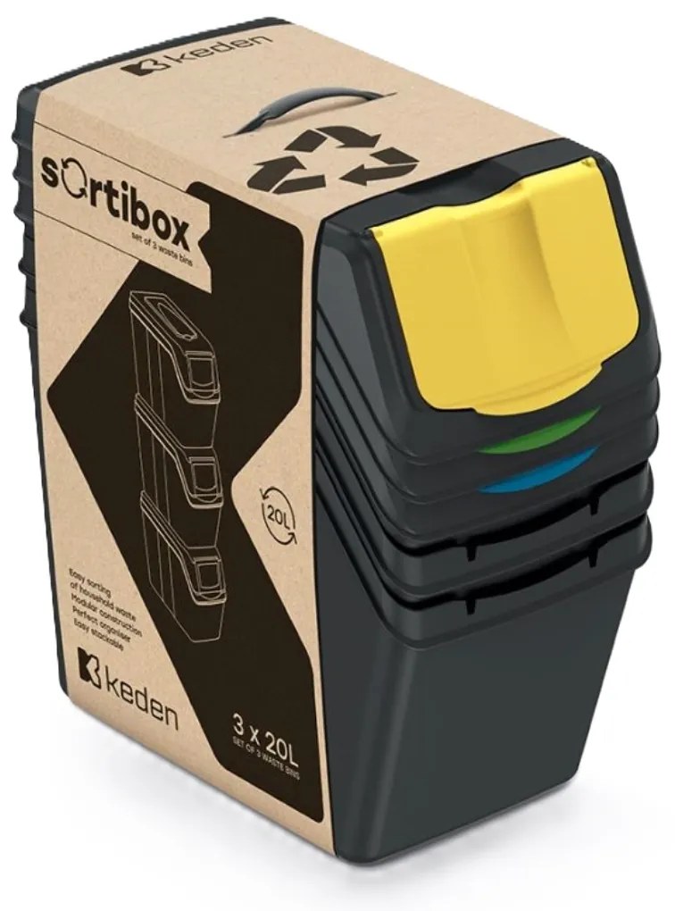 PROSPERPLAST Sada 3 odpadkových košů SORTIBOX II recyklovaně černý, objem 3x25L
