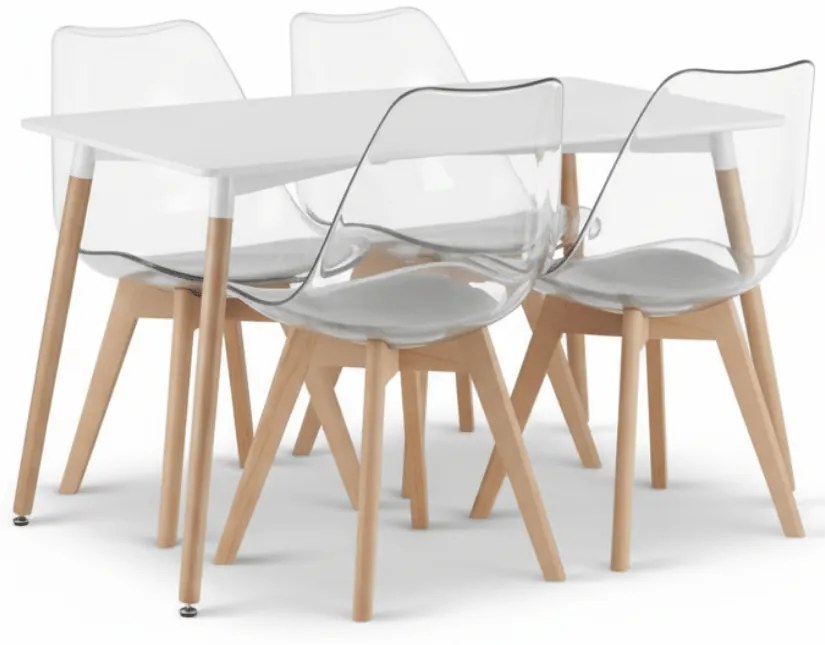 Jídelní set 1 + 4, bílý stůl ADRIA 120x80 cm + transparentní židle BALI MARK s bukovými nohami
