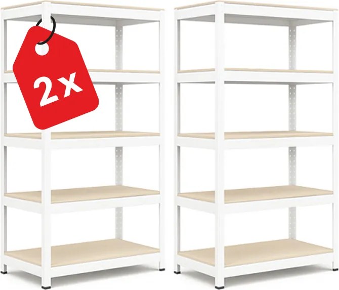 Regál 183x90x30 cm lakovaný 5-policový, nosnost 1000 kg, RIVET - bílý - 2ks