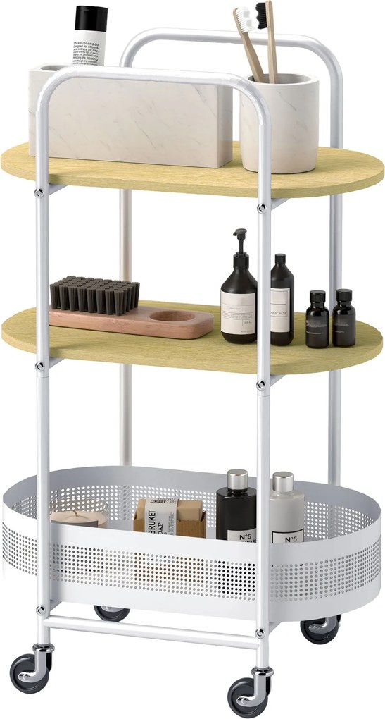 HOMCOM Utility vozík s kolečky - 3-úrovňový kuchyňský vozík se zásuvkou a policemi, nosnost 30 kg, 49,5x32,5x82,5 cm, bílý a přírodní dřevo | Aosom