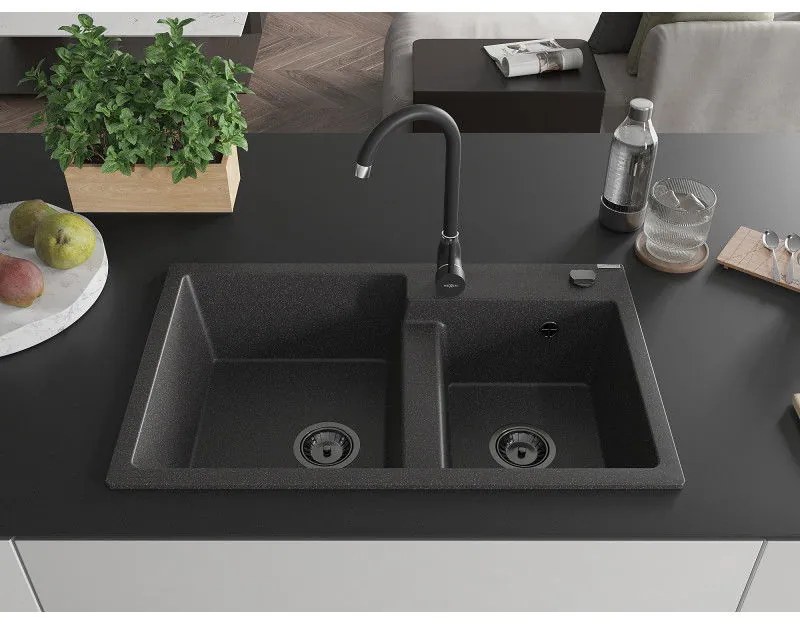 Mexen Tomas, granitový dřez 800x500x190 mm, 2-komorový, černá skvrnitá s černým sifonem, 6516802000-76-B