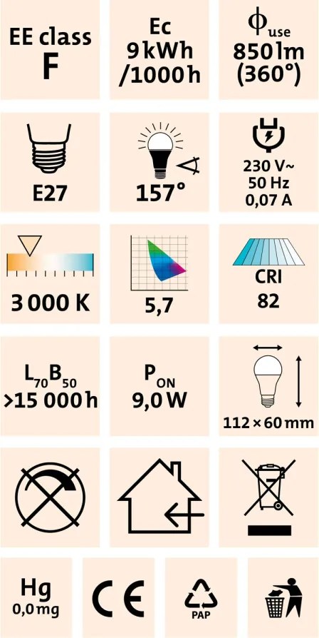 žárovka LED klasická, 9W, 800lm, E27, teplá bílá