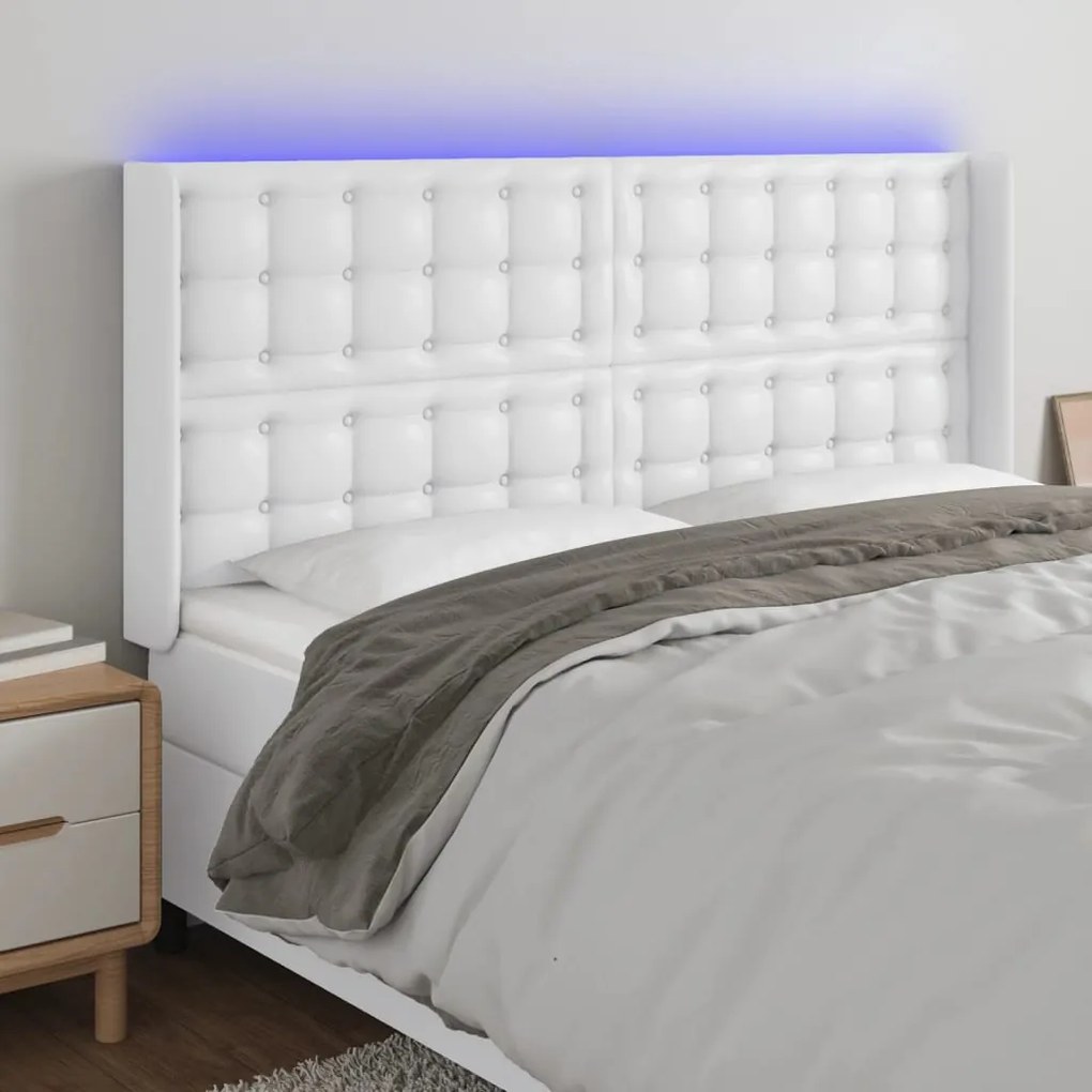 Čelo postele s LED bílé 203 x 16 x 118/128 cm umělá kůže