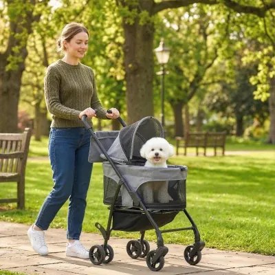 PawHut psí vozík 3-v-1 odnímatelný, skládací s odnímatelnou ležící miskou a bez zipu, odpružení, šedá