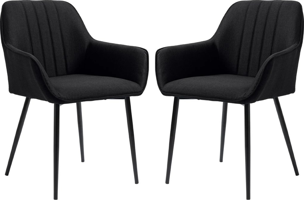 Jídelní židle HOMCOM v severském designu - Sada 2 židlí - Černé zkosené kovové nohy - Ergonomické lněné černé sedáky, opěradla a područky | Aosom