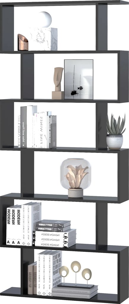 HOMCOM Moderní Knihovna se 6 Policemi pro Jídelnu, Obývací Pokoj a Kancelář 80x23x192 cm Černá