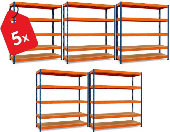 Akce 5x Regál 3120x160x50 cm profesionální 5-policový, nosnost 200 kg - modro-oranžový