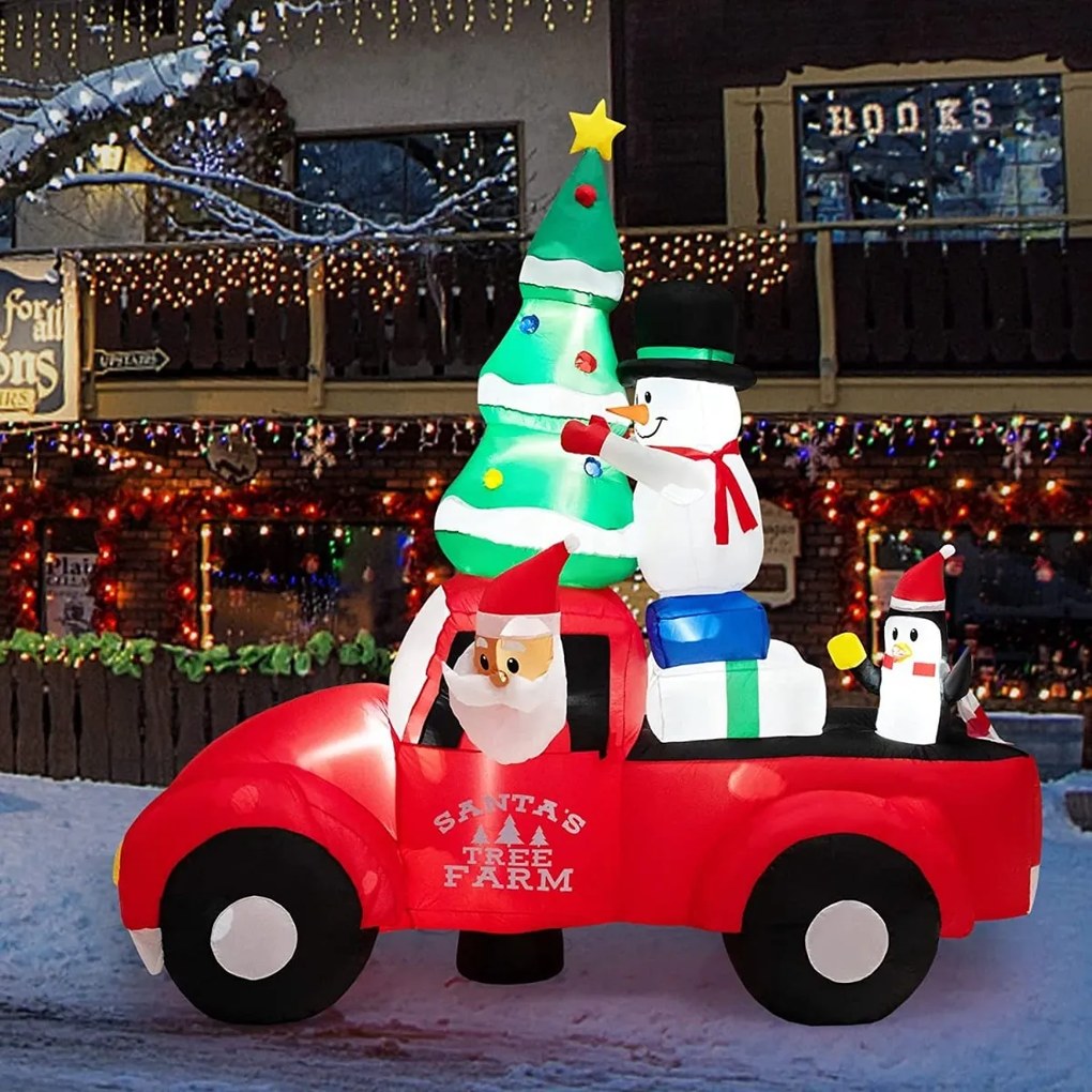 Costway 220 cm Dlouhý nafukovací vánoční náklaďák s vánoční ozdobou Santa Claus