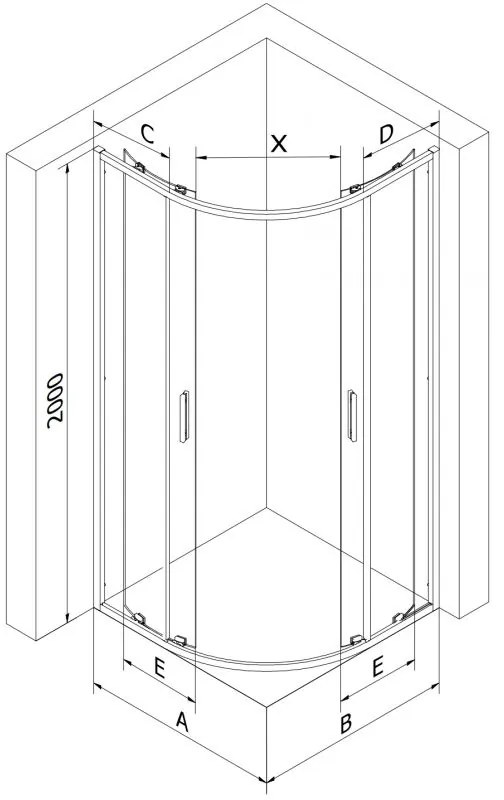 Mexen Exo, asymetrický sprchový kout s posuvnými dveřmi 90 x 90 cm, 6mm čiré sklo, černý profil, 8132-090-090-70-00