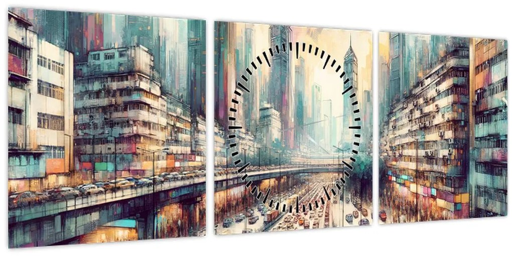 Obraz -  Život velkoměsta (s hodinami) (90x30 cm)