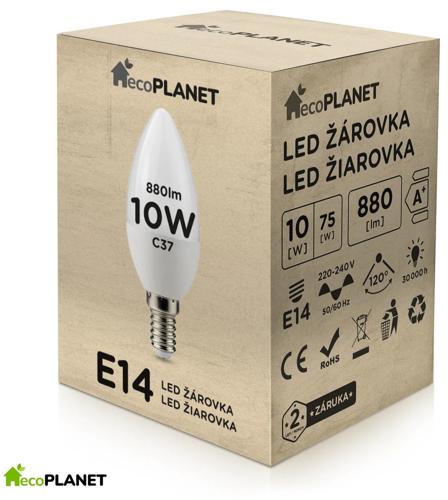 LED žárovka - ecoPLANET - E14 - 10W - svíčka - 880Lm - neutrální bílá