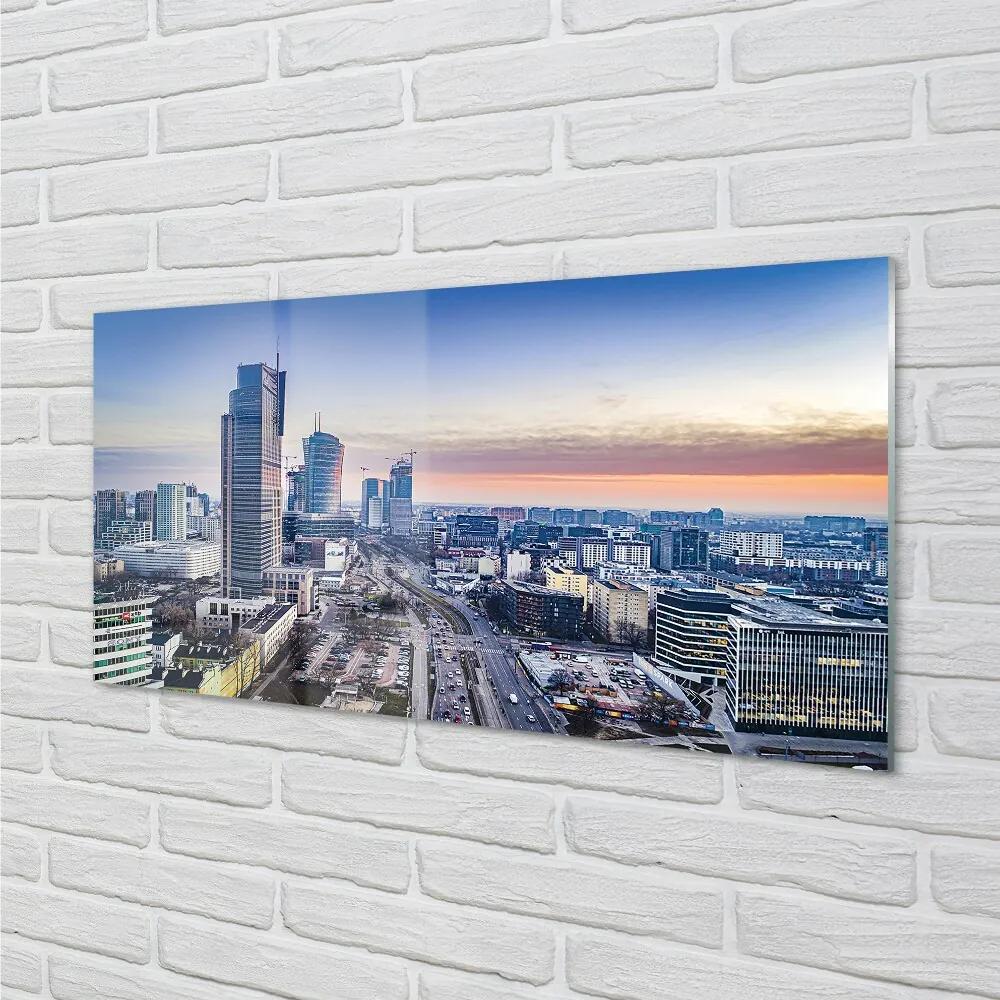 Obraz na skle Panorama Varšavy mrakodrapů svítání 125x50 cm