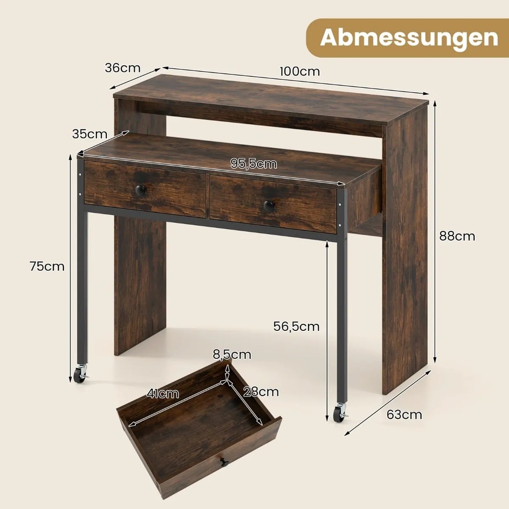 Costway Rozkládací stolek malý s 2 zásuvkami a kolečky – 100 × 63 × 88 cm