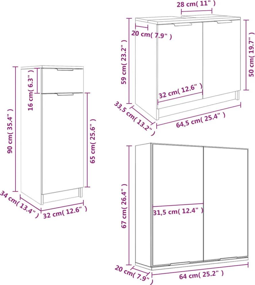 vidaXL 3dílná sada koupelnových skříněk kompozitní dřevo [3115875] Barva: šedá sonoma