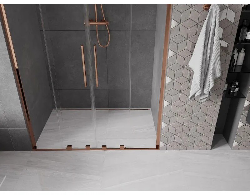 Mexen Velar L Duo, posuvné sprchové dveře do otvoru 140 cm, 8mm čiré sklo, růžové zlato, 871-140-003-02-60