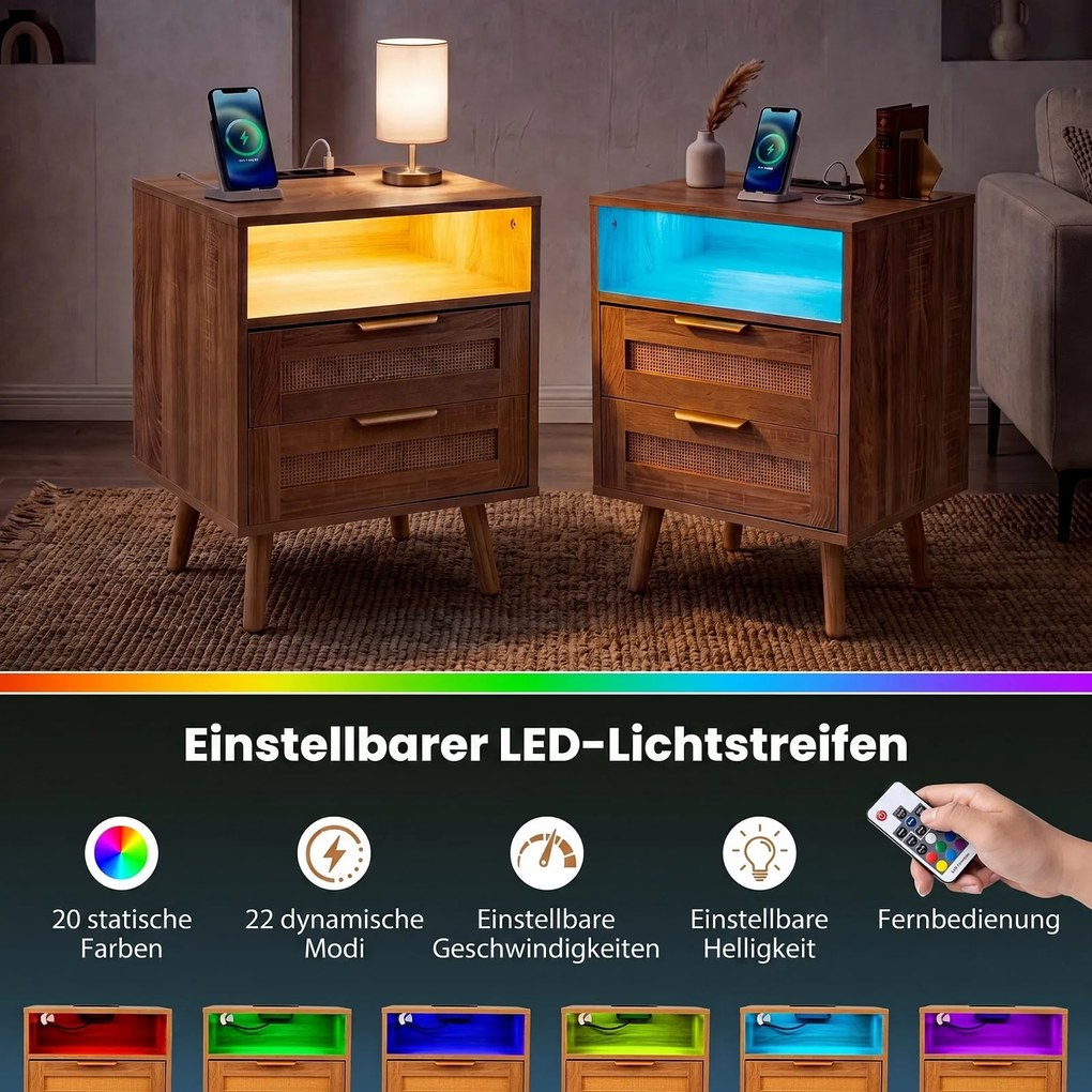 Costway Noční stolek s nabíjecí stanicí a LED světly s 2 zásuvkami s přírodním