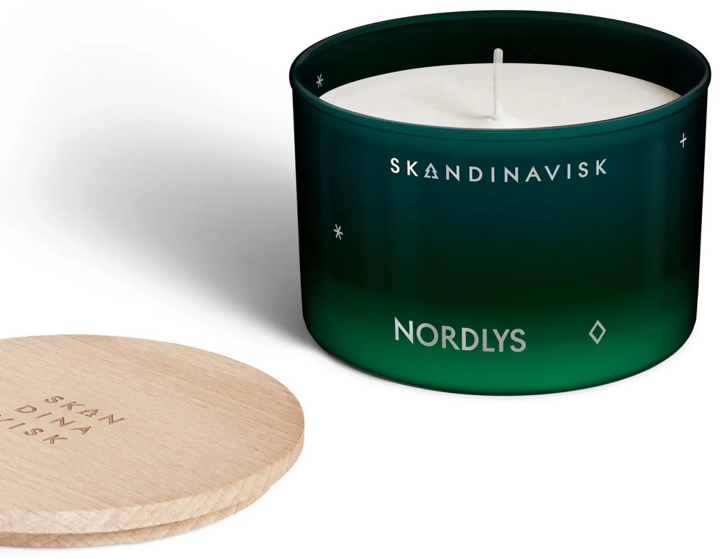 SKANDINAVISK Vonná svíčka NORDLYS (polární záře) 90 g, zelená barva, sklo, dřevo, vosk