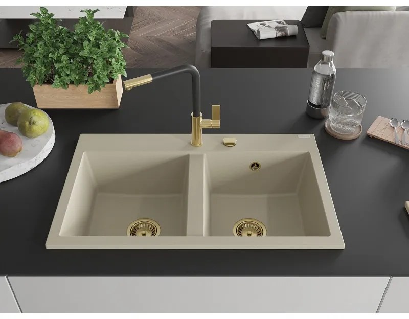 Mexen Hektor, 2-komorový granitový dřez 800x480x205 mm, béžová, zlatý sifon, 6521802000-69-G
