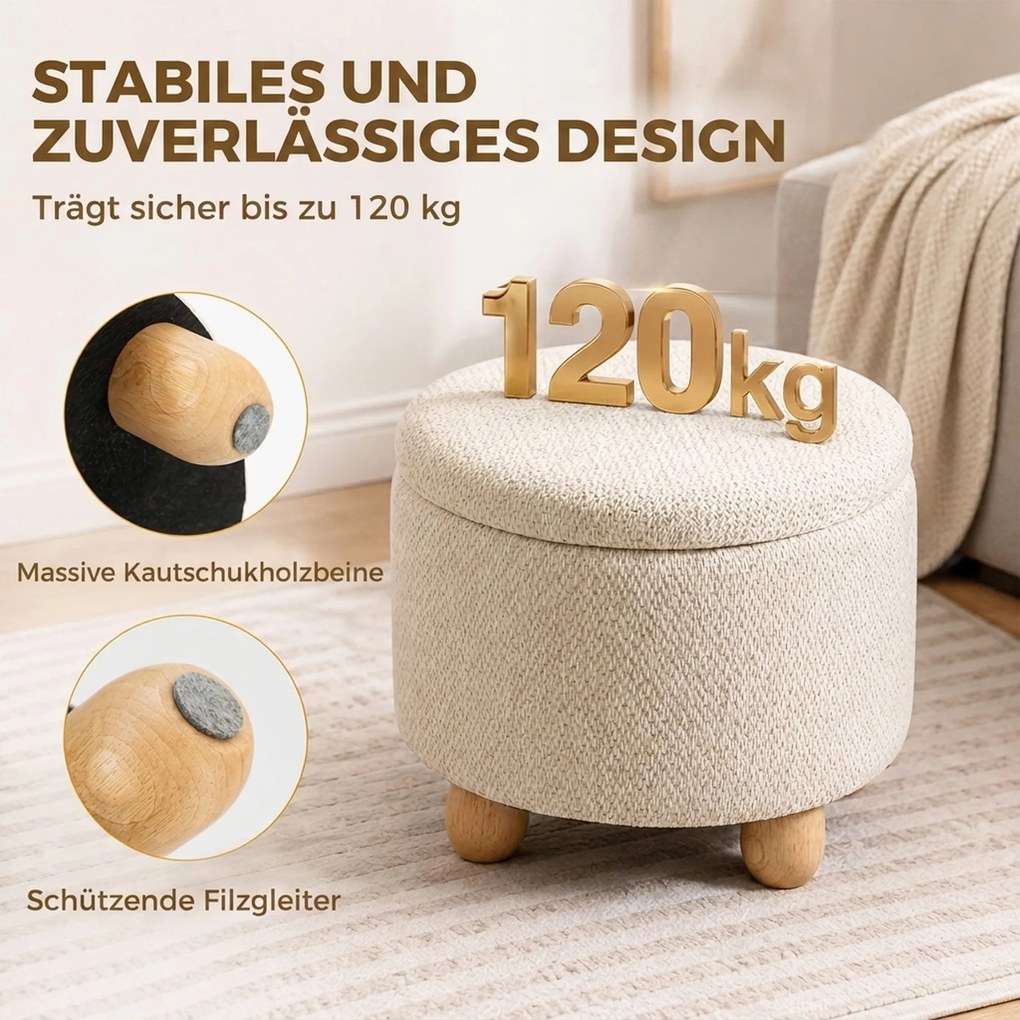 HOMCOM Stolička s úložným prostorem, kulatá sedací stolička s víkem, vzhled lnu pro obývací pokoj, ložnici, 38,5x38,5x33,5 cm Béžová