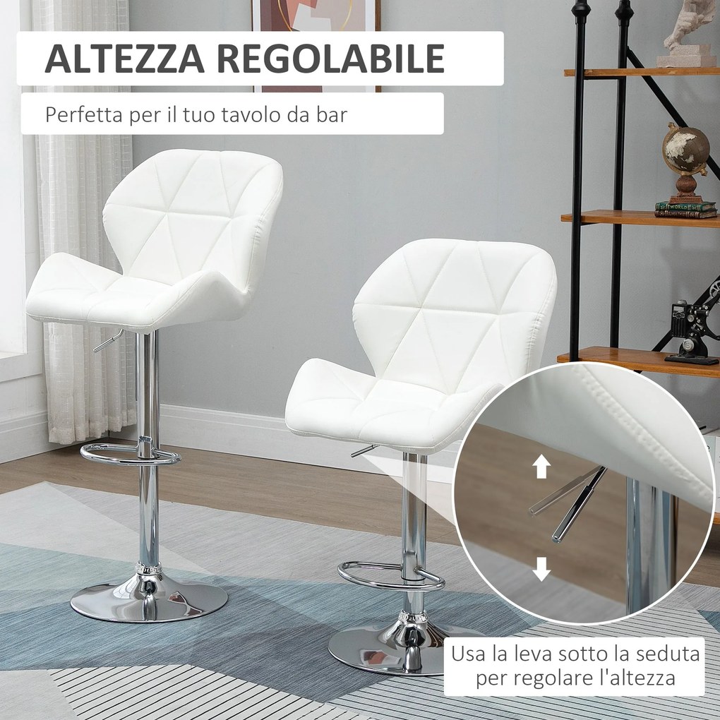 HOMCOM Set 2 Barových Židlí s Nastavitelnou Výškou, Kovová Základna a Sedadlo z PU Kůže, Židle s Opěradlem a Opěrkou Nohou, 51,5x57,5x93-114,5cm, Bílá
