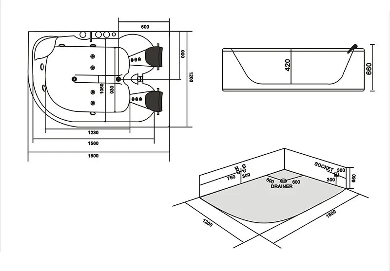 BPS-koupelny Hydromasážní vana HYD-CA631L 180x120 LEVÁ bez ohřevu vody