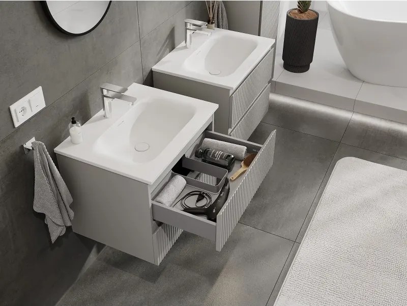 Mexen Rivel, koupelnová skříňka 60 cm s umyvadlem Vela, 2 zásuvky, drážkovaná, šedá matná/bílá, 91A20-06047-2-BFF62-W23M01