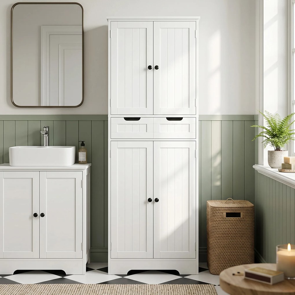 HOMCOM Koupelnová skříňka, úložná skříňka se zásuvkou a 4 dveřmi, moderní design, 60 x 30 x 160 cm, bílé