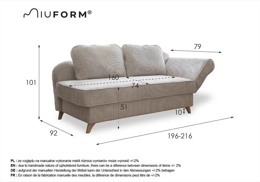 Šedá manšestrová lenoška (pravý roh) Chic Charlotte – Miuform