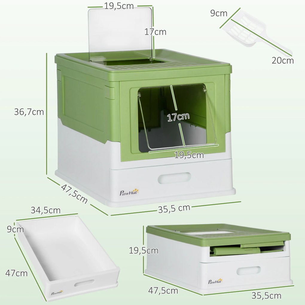 Podestýlka PawHut s víkem a spodní vaničkou, plastová 47,5 x 35,5 x 36,7 cm, včetně lopatky a deodoračního boxu pro udržení čistoty koček