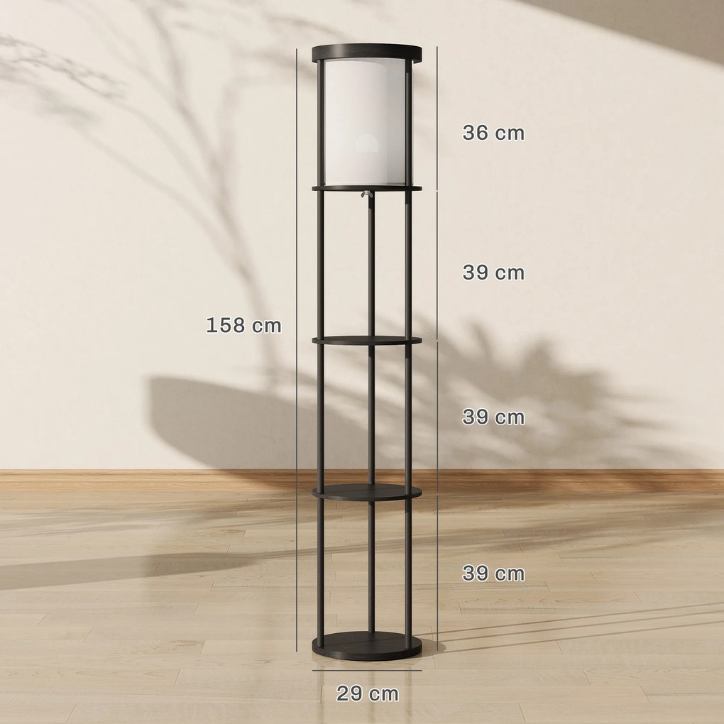 HOMCOM Stojací lampa s 3 policemi, kulatý design, dálkové ovládání, nožní spínač, nastavitelná teplota světla, pro obývací pokoj, černá