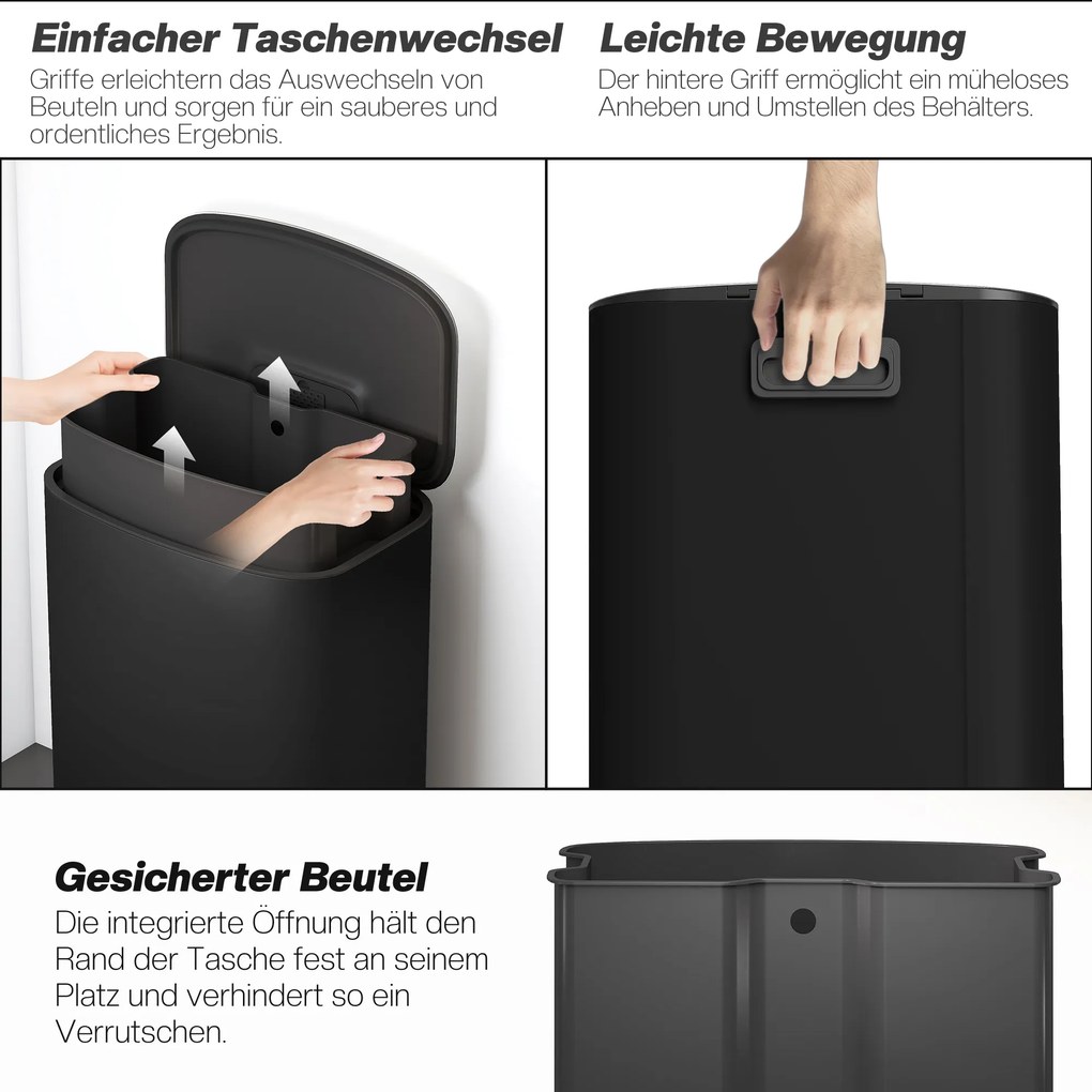 HOMCOM 50 l kuchyňský odpadkový koš se šlapacím pedálem, měkké dovírání a funkce otevření 90° – nerez/černá, 45,1 × 36,5 × 62,6 cm