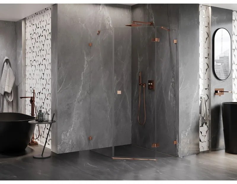 Mexen Lunar, pravý výklopný pětiúhelníkový sprchový kout 80 x 100 cm, 8mm čiré sklo, profil růžové zlato, 831-080P-100L-60-00-P