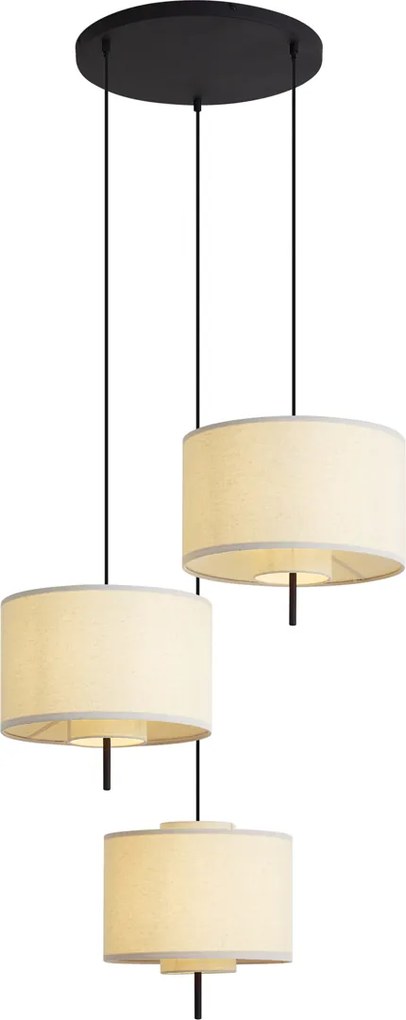 Japandi závěsná lampa černá s bílými lněnými stínidly, 3 světla - Rieu