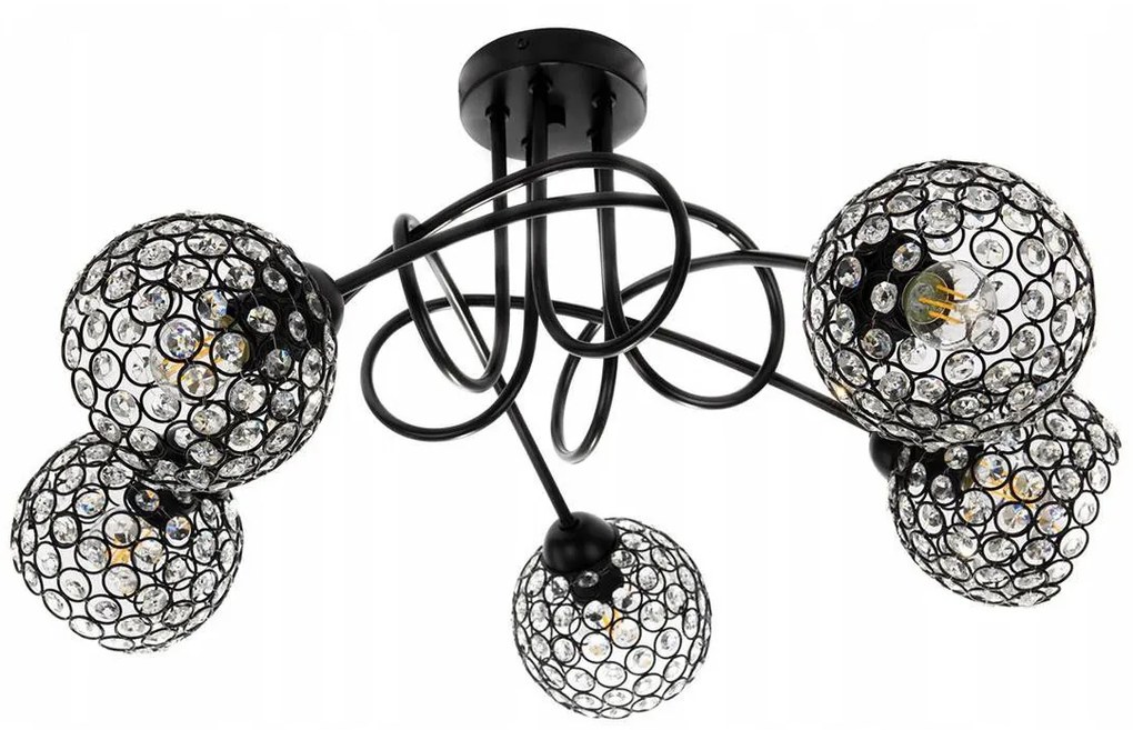 Stropní svítidlo Crystal, 5x černé křišťálové stínítko, b
